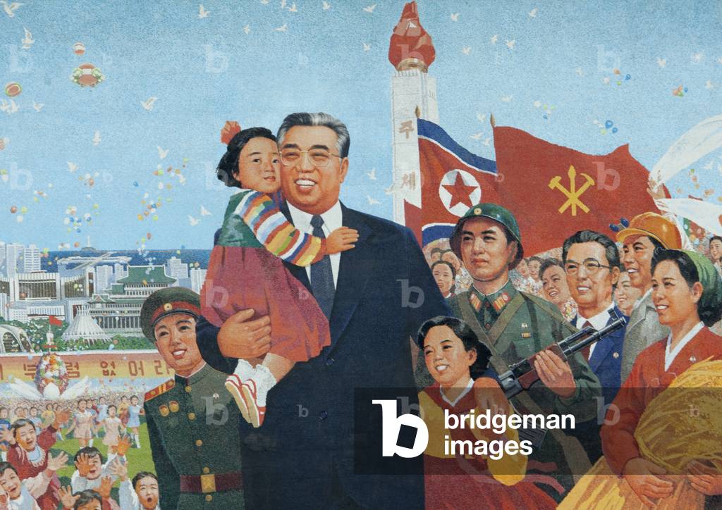 Image of Propaganda fresco depicting Kim il Sung and North Korean people,