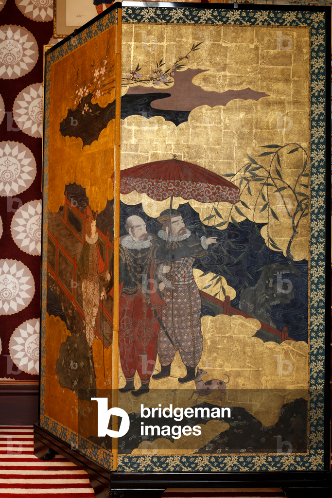 Image of Japanese screen depicting Europeans under a parasol in Japan ...
