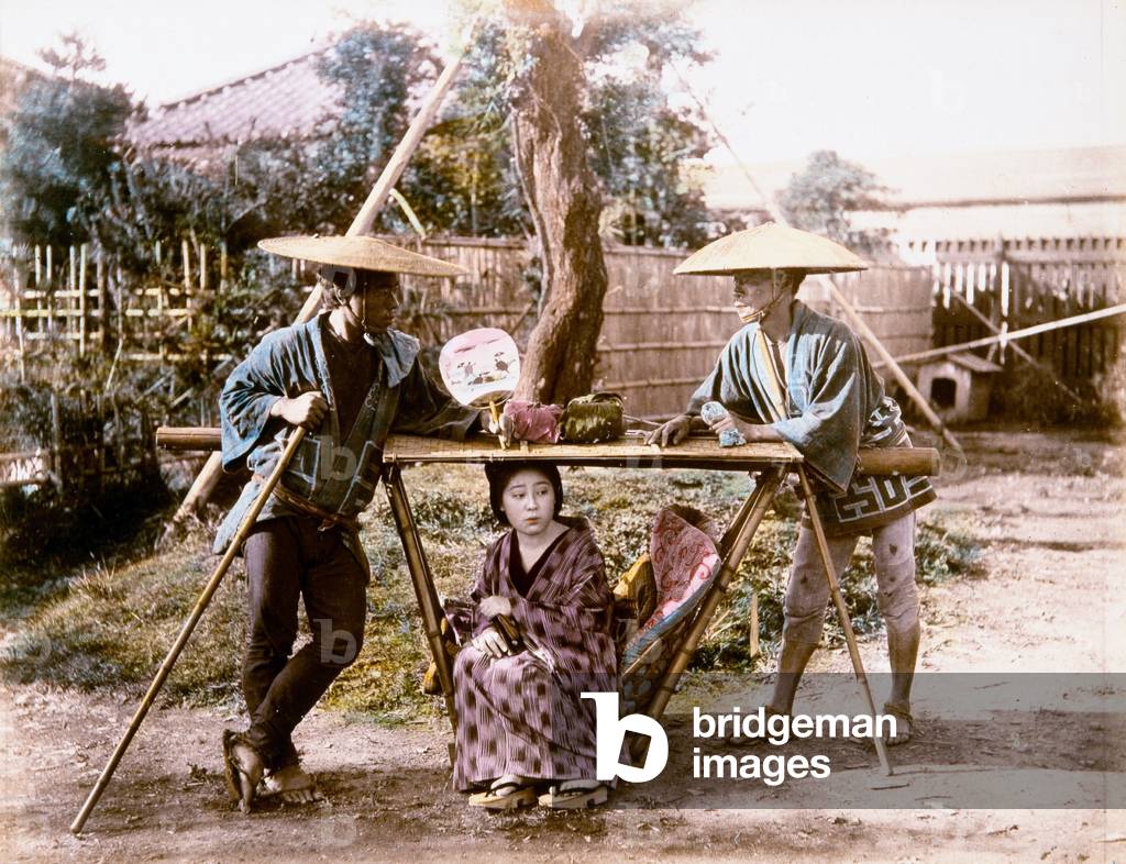 Image of Kago (palanquin) bearers and passenger. Hand-tinted albumen ...