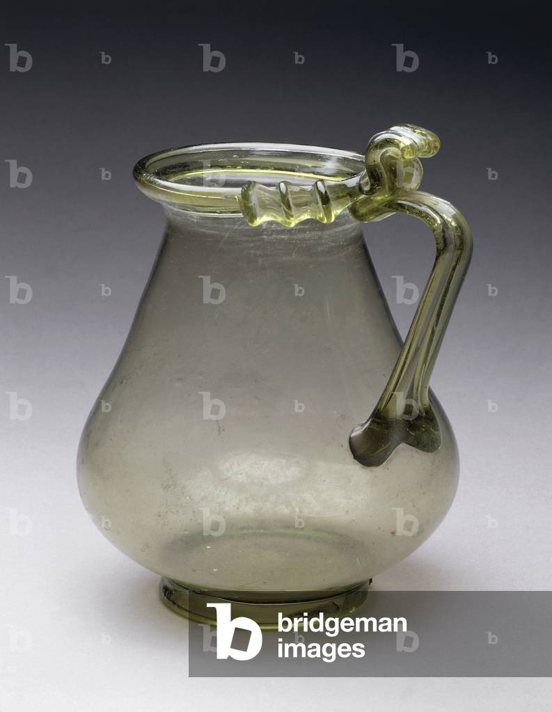 Image of Light green glass jug with pear-shaped body, everted rim and
