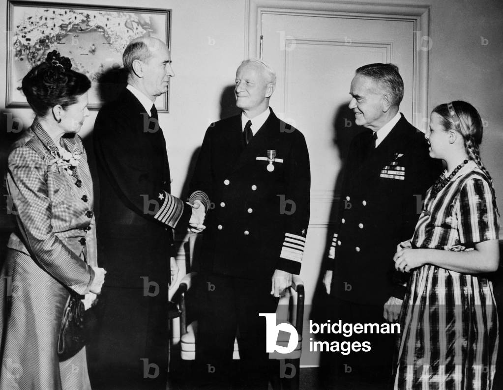 Image of From left, Catherine Nimitz, Admiral Ernest King, Fleet Admiral Chester