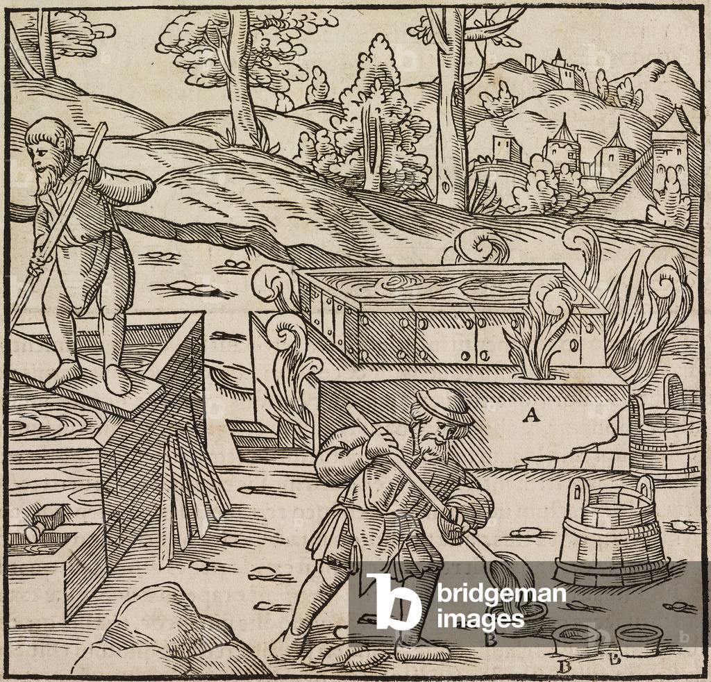 Image of Vitriol production plant from minerals or soil, engraving from De