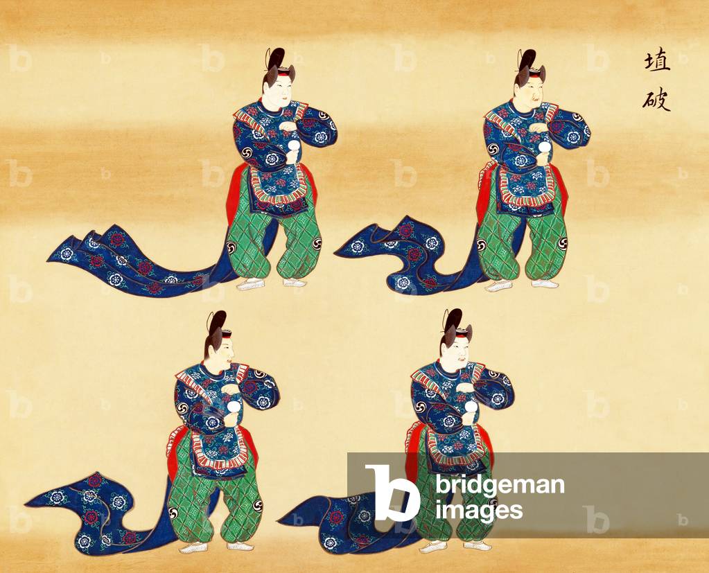 Image of Japan: 'Bugaku' dancers depicted in a horizontal 'emaki' scroll painting,