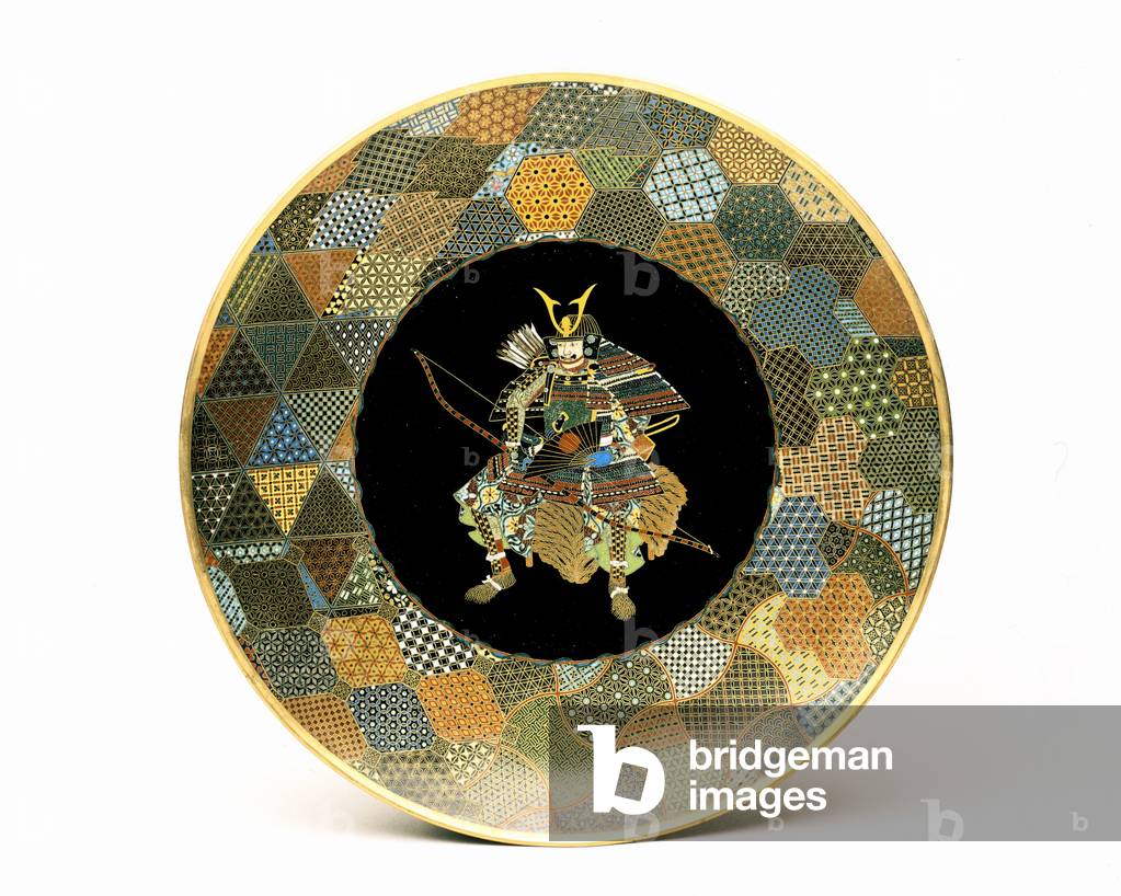 Image of Japanese plate. Seated warrior in full armour holding bow and