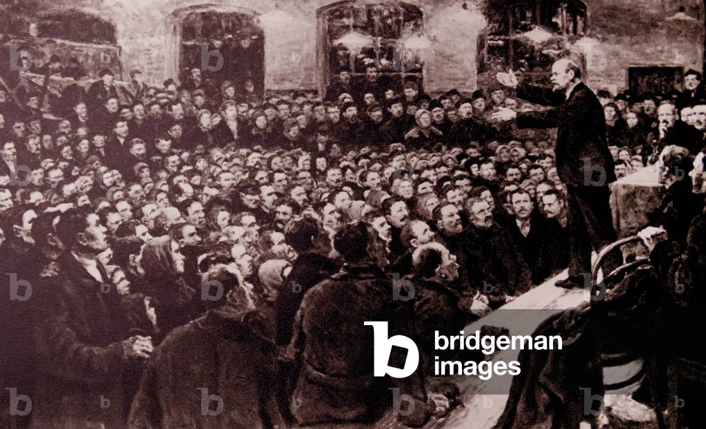 Image of Vladimir Ilyich Lenin (1870-1924) addressing a workers meeting ...
