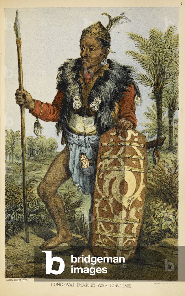 Image of Long-Wai Dyak in war costume. Tribesman holding a spear and