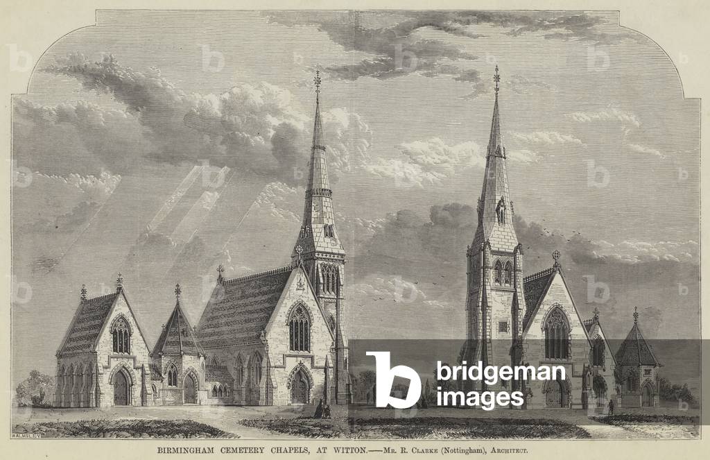Image of Birmingham Cemetery Chapels, at Witton (engraving) by English ...