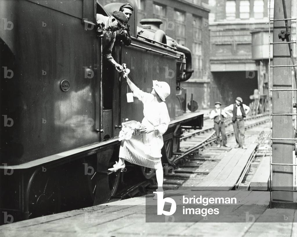 Image of Railwaymen receiving flowers on Alexandra Rose Day, 1924 (b/w ...