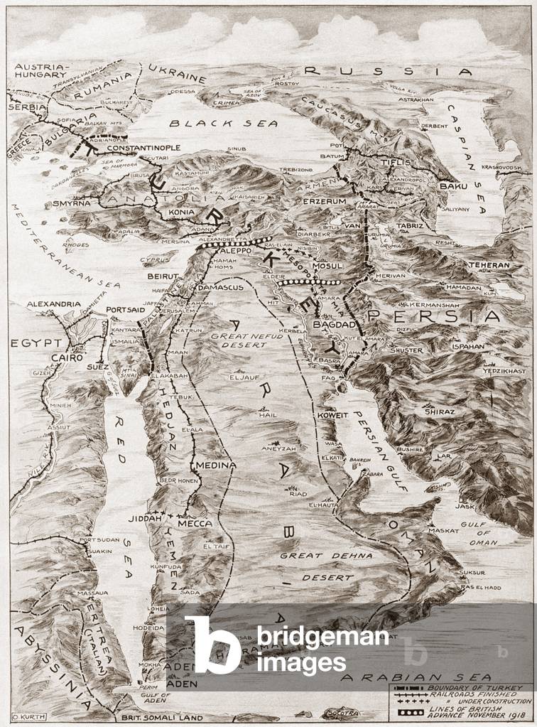 WORLD WAR I: MIDDLE EAST Map, 1919, of the Middle East and the lines of ...