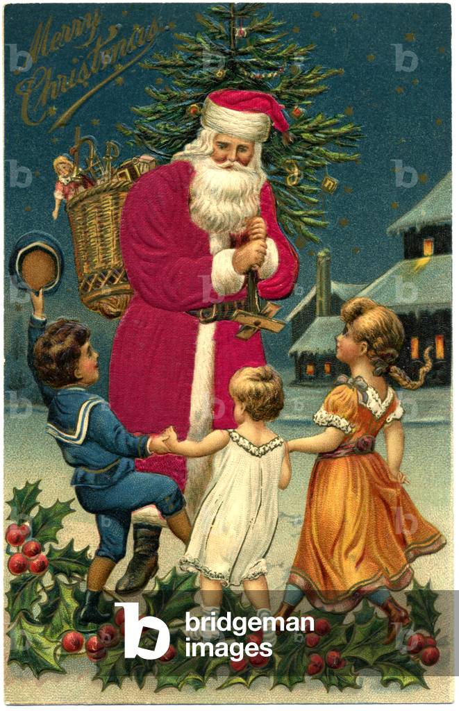 Image of Santa Claus with Three Children, "Merry Christmas", Postcard