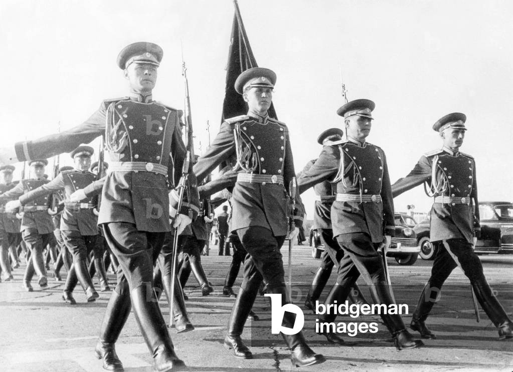 Parade of Soviet soldiers in Moscow, 1955 (b/w photo) by