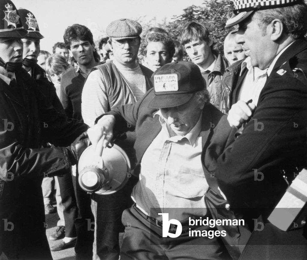 Arthur Scargill being arrested for obstruction during the miners' strike,