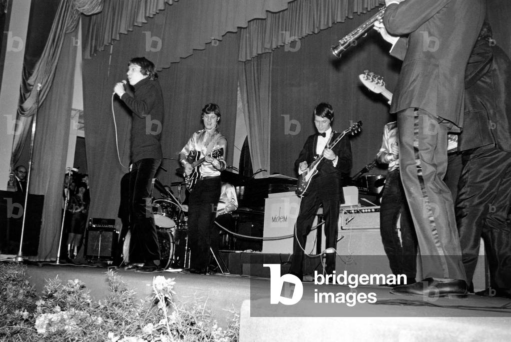 Image of French Singers Antoine Et Jacques Dutronc on Stage C. 1965