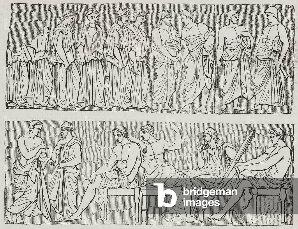 Image of Panathenaic procession, frieze in Parthenon cell, illustration from Teatro universale,