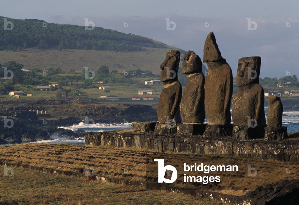 Image of A horse and the five Moai (anthropomorphic monolithic statues) of