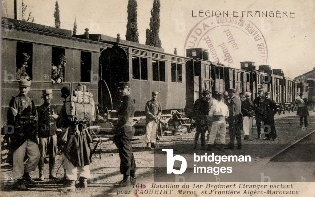 Image of French legionnaire colonial soldiers at a railway station on the