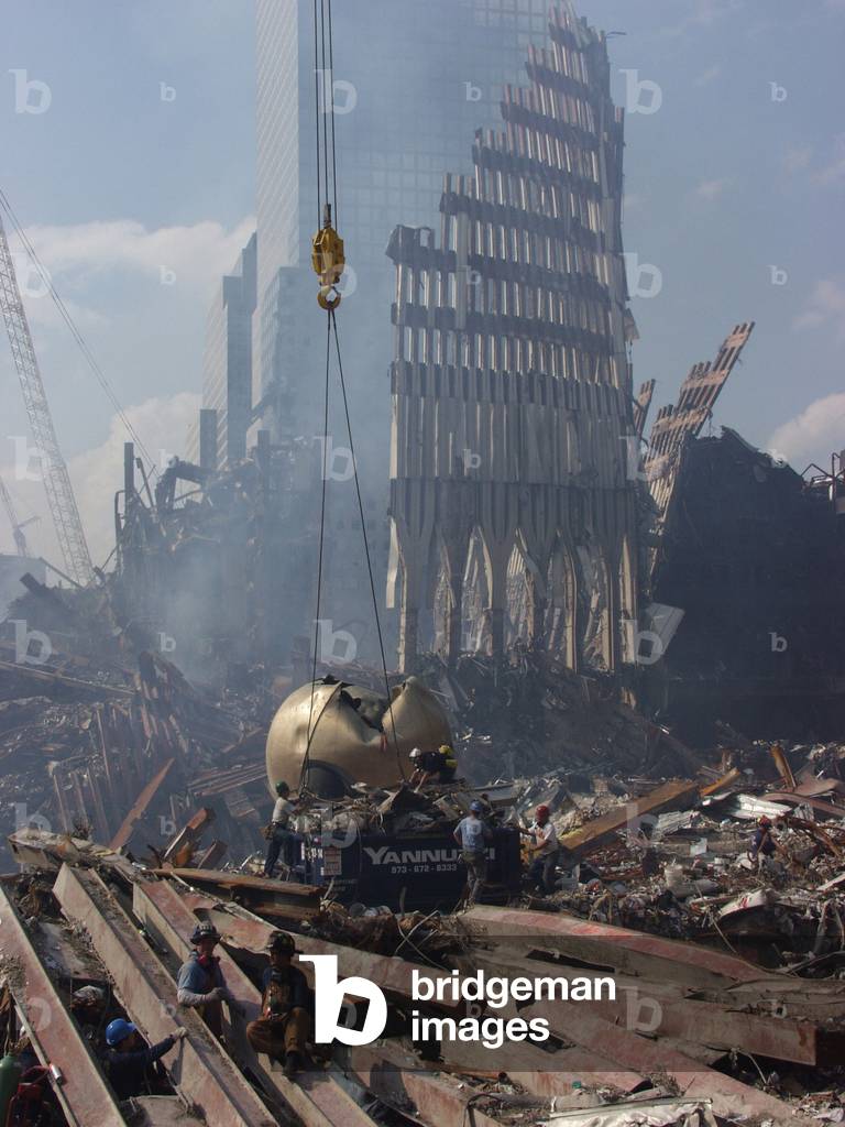 Image of Cables are placed around THE SPHERE sculpture by German sculptor