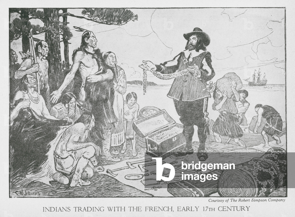 Image of Indians Trading with the French, early 17th Century (litho) by ...