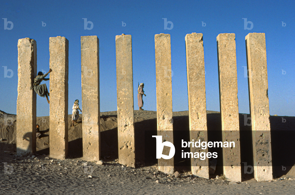 Image of Limestone pillars are remains of a temple to pre-Islamic ...
