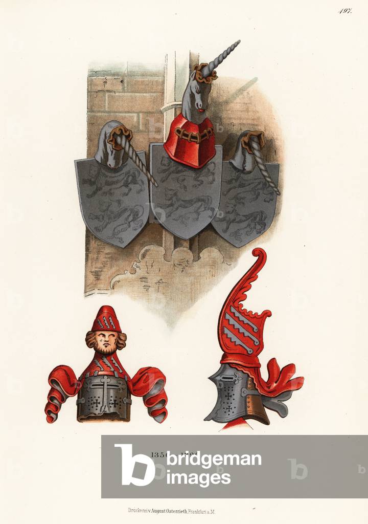 Image of Great helms and shields with heraldic crests, 14th century, 1889
