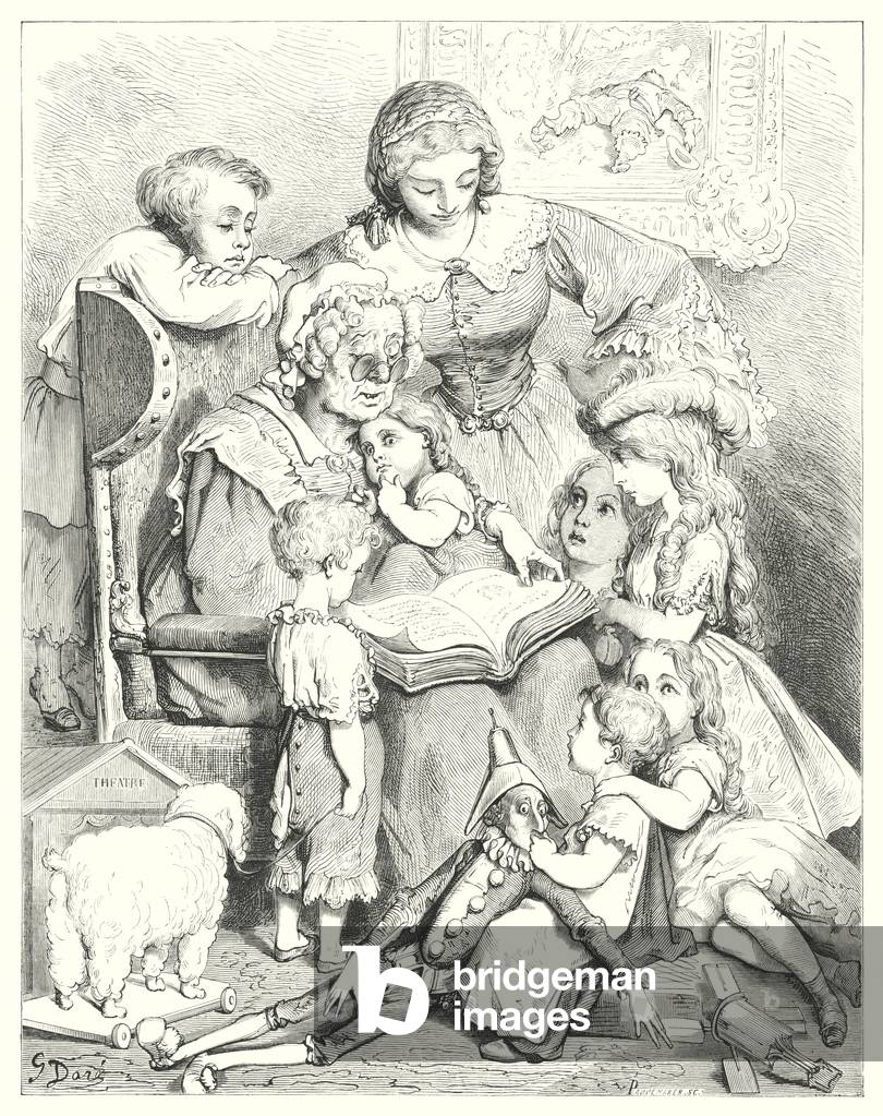 Image of La lecture des contes en famille (engraving) by Dore, Gustave ...