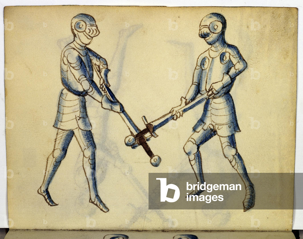 Image of Full page: fencing scene, mid 15th century (pen and brush