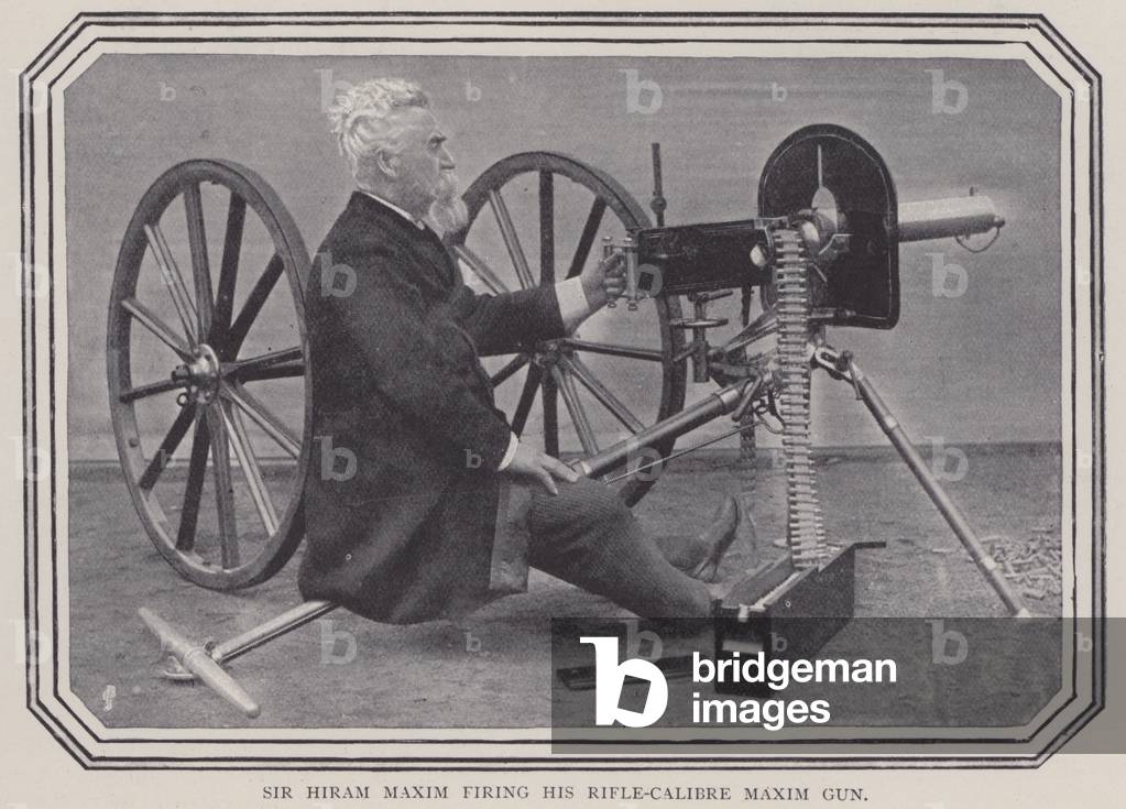 Image of Sir Hiram Maxim firing his rifle-calibre Maxim gun (b/w photo ...