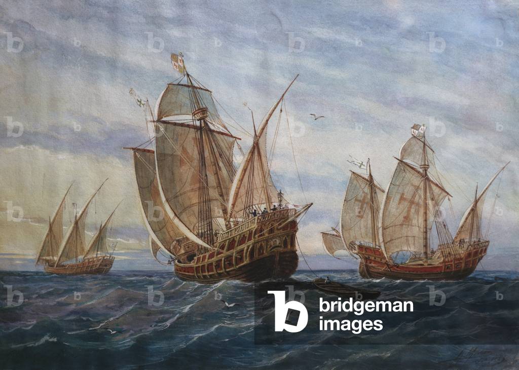 Image of The three caravels of Christopher Columbus, 19th century ...