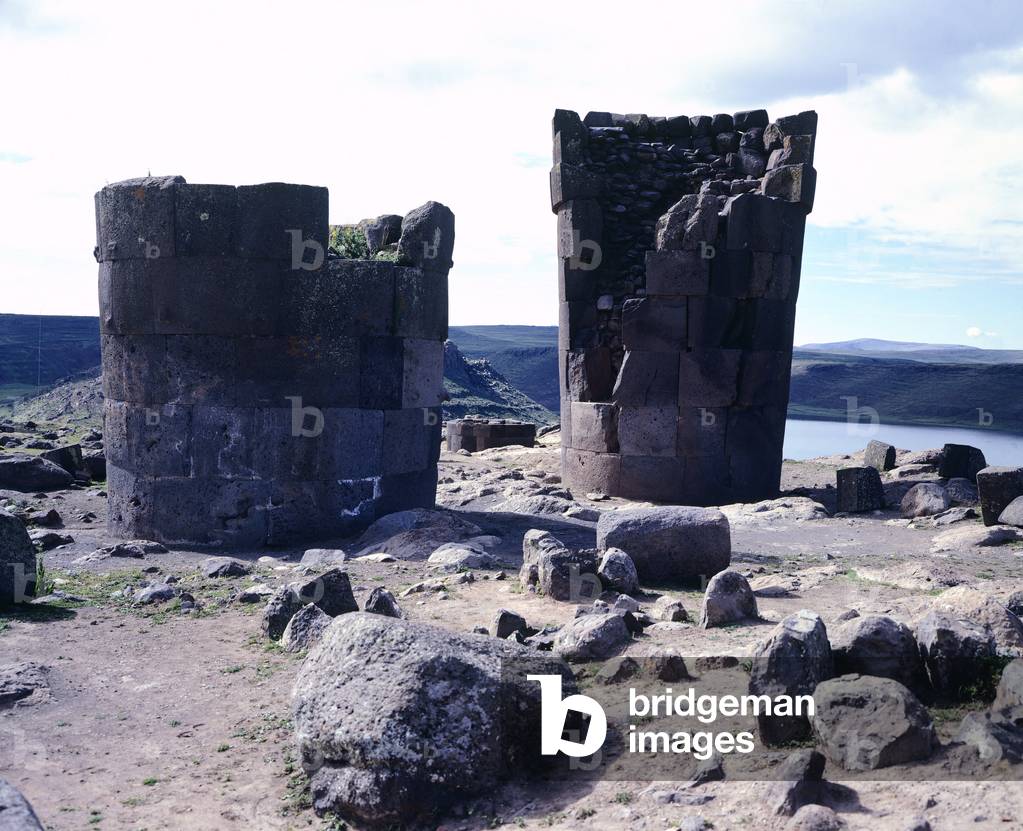 Image of Funerary towers (chullpas) from the Sillustani Peninsula (Peru ...
