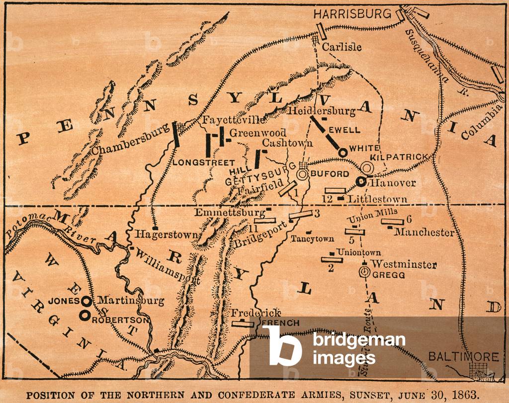 Image of BATTLE OF GETTYSBURG, 1863 Map showing the positions of the