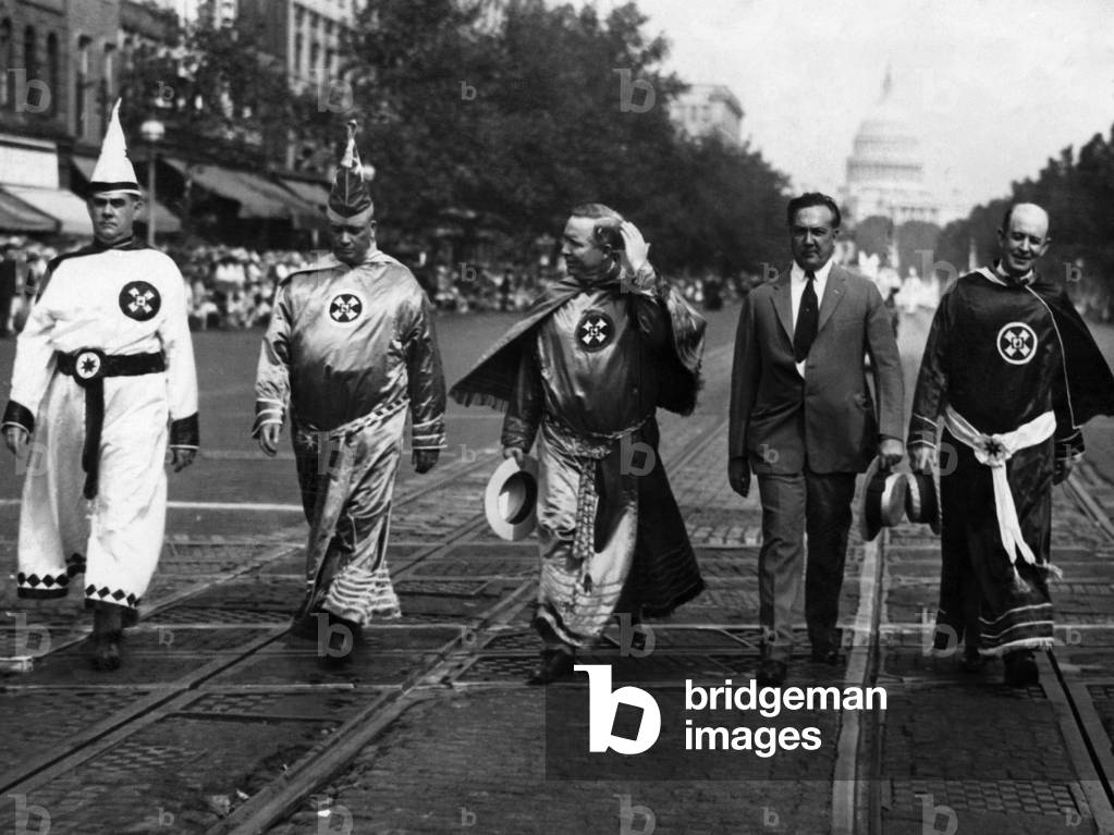 Image of Imperial Wizard Hiram Wesley Evans (center), in the parade of