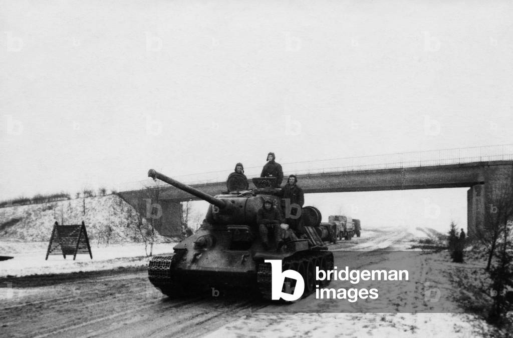 Image of A Soviet T-34 Tank on the Berlin Highway in 1945.