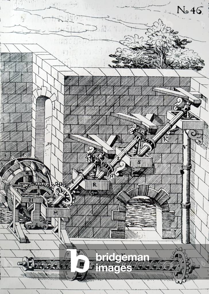 Image of Diagram depicting a multiple Archimedean screws powered by a water
