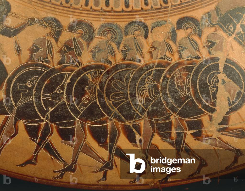 Line of armed soldiers, decorative detail from an Attic vase, black ...