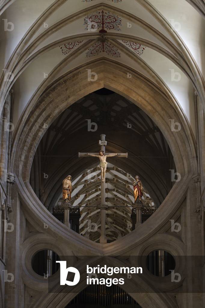 Image of Strainer arches and crucifixion, west facade of Wells ...