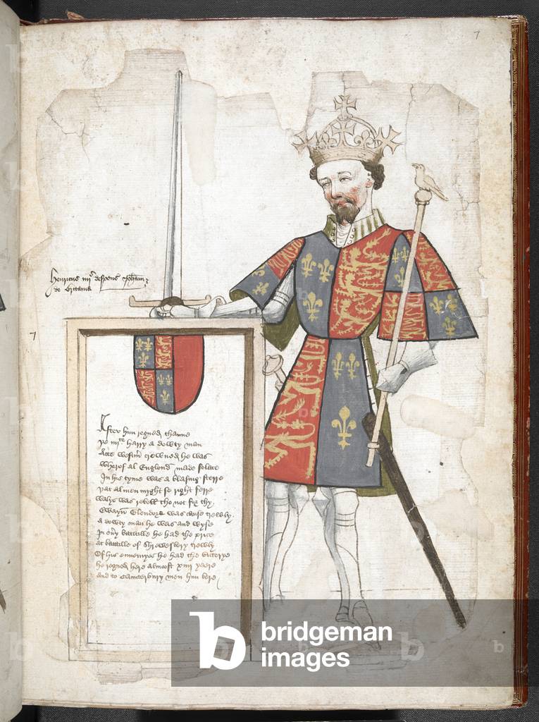 Image of English king in armour and tabard (Henry IV), presenting a