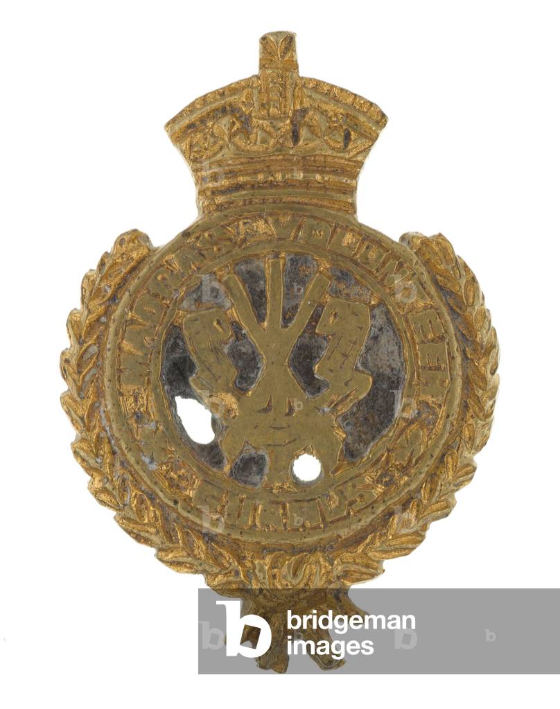 Image of Side hat badge, Madras Volunteer Guards, 1890s. (gilt) by ...