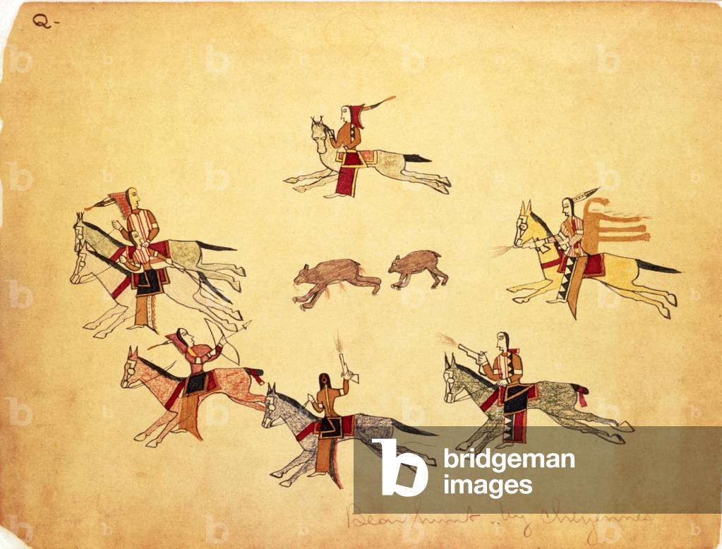 Image of 'The Bear Hunt': Drawing by 'Making Medicine', a Cheyenne Native