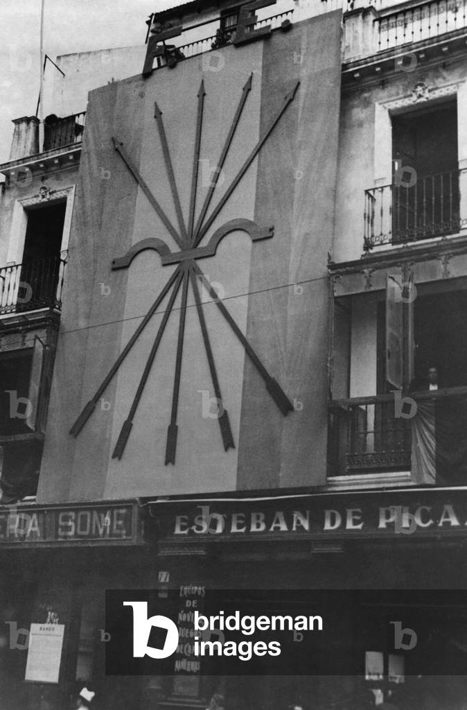 Image of Flag of the Falange Espanola (Spanish Phalanx), 1936 (b/w photo)