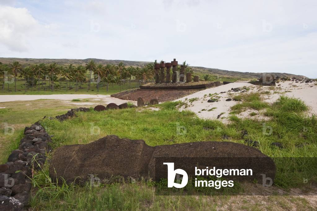 Image of Fallen Moai and Ahu Nau Nau Moais Restored by the