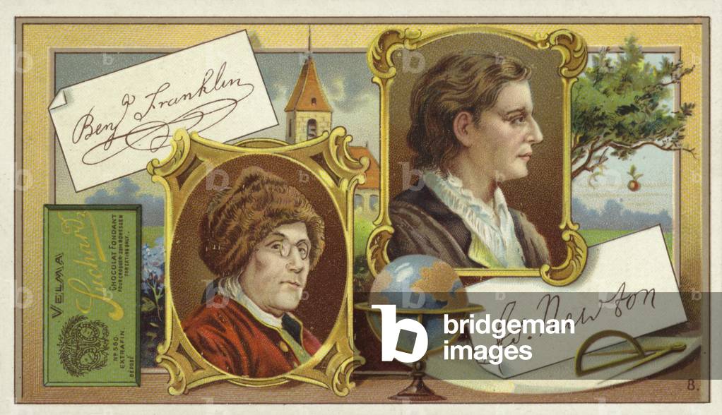 Image of Benjamin Franklin and Isaac Newton (chromolitho) by European School, (19th century)