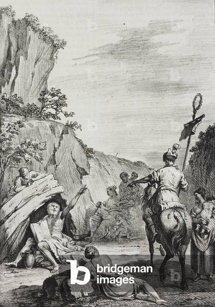 Image of Hiero II of Syracuse visits Archimedes in his cave, lithograph