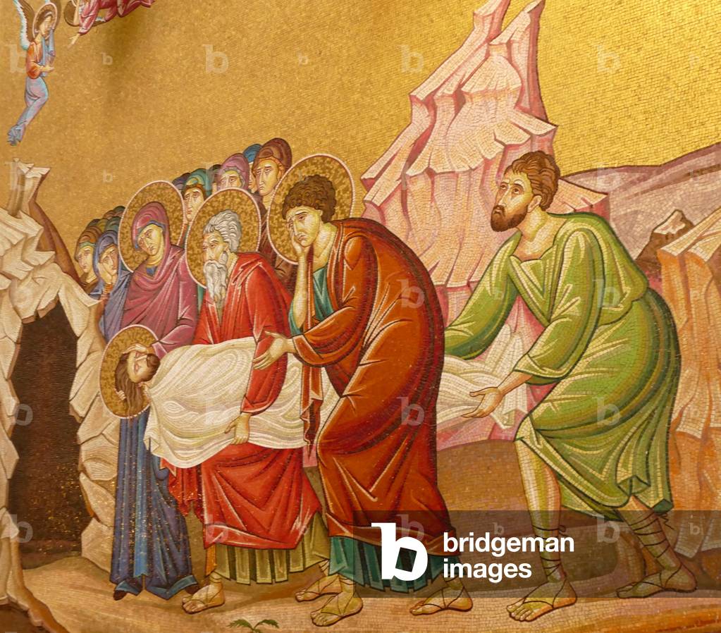 Image of Mosaic depiction of Christ's body being prepared after his death,