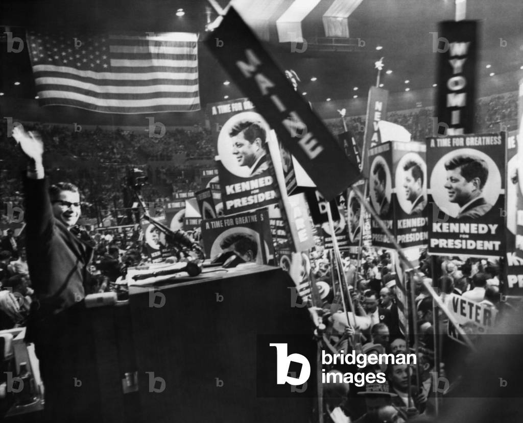 Kennedy Presidency. Left: Minnesota Governor Orville Freeman announcing ...
