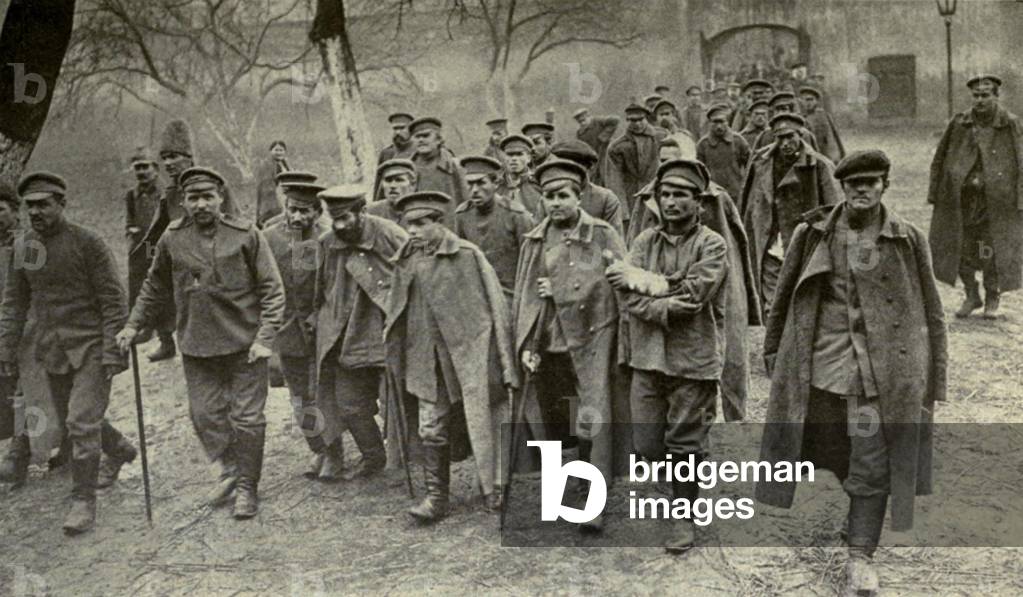 Image of World War 1. Defeated and wounded Russians limping into the