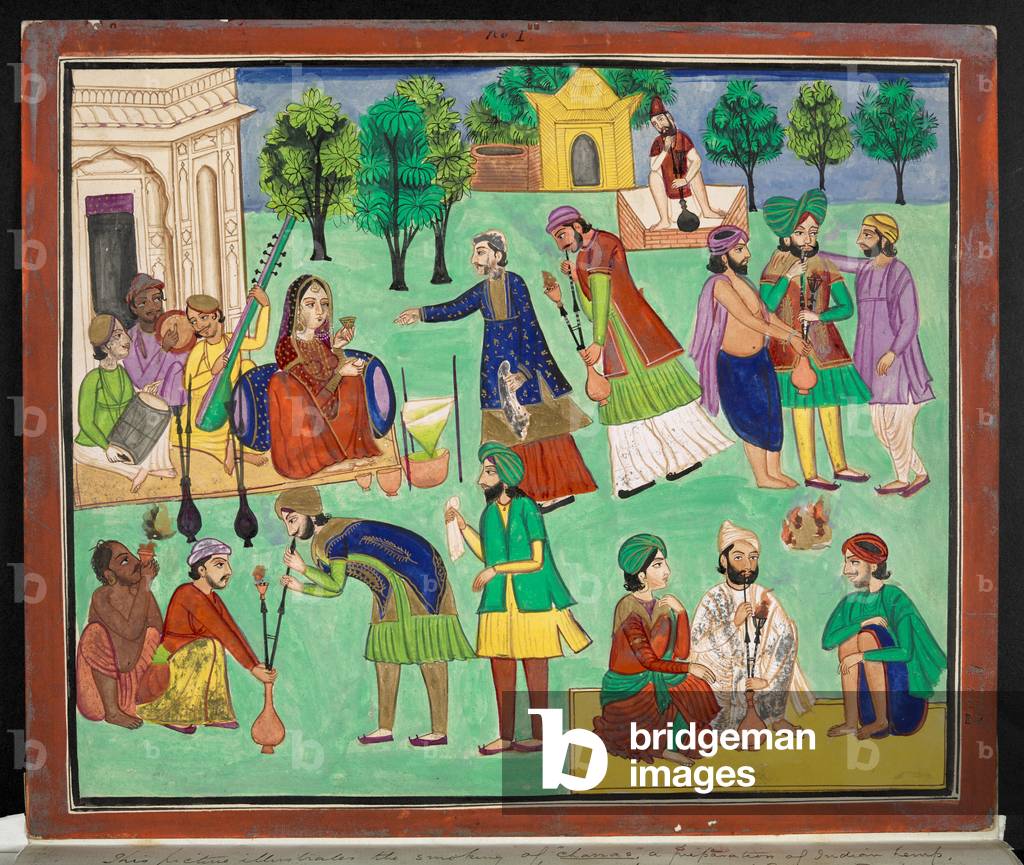 Image of Guazzo di un artista Amritsar raffigurante il fumo di Charras, by Indian School, (19th ...