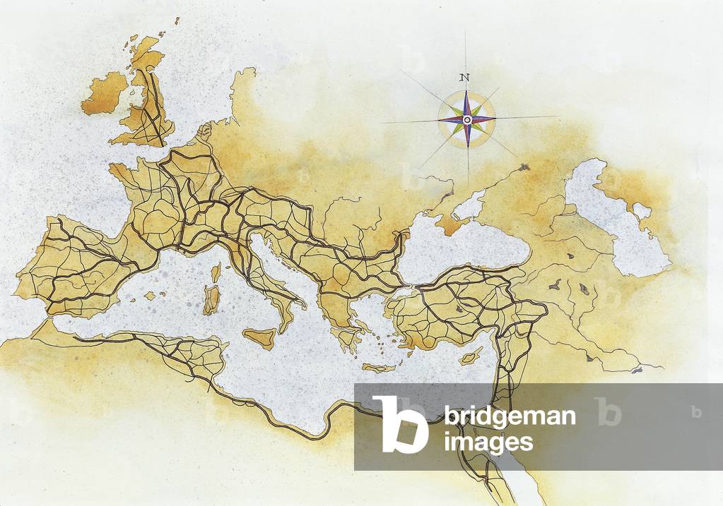 Map of Ancient Roman roads in the Mediterranean area, drawing by