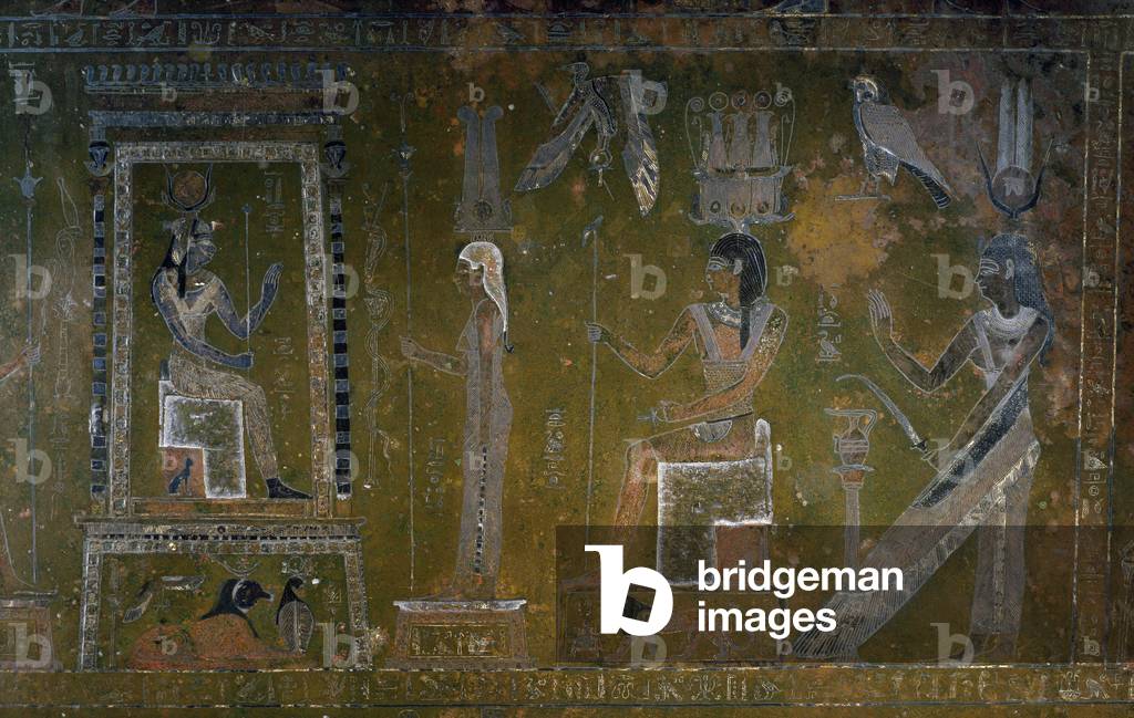 Image of Isis seated on naos surrounded by deities and nobles, detail