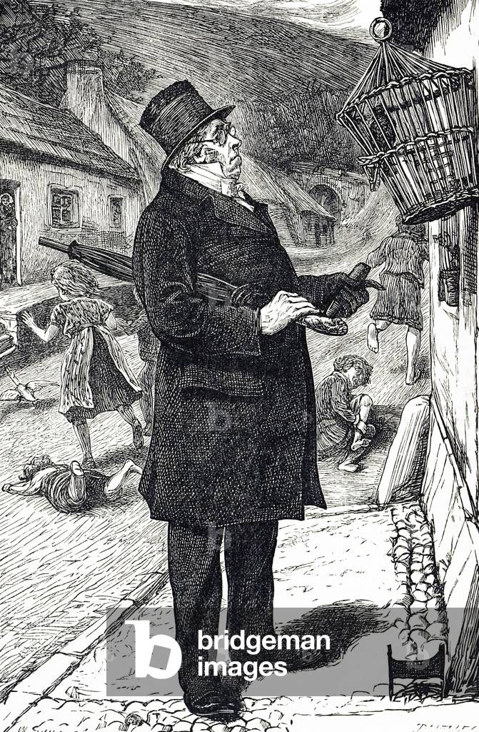 Image of Cartoon depicting a top-hatted man outraged by a pet starling ...