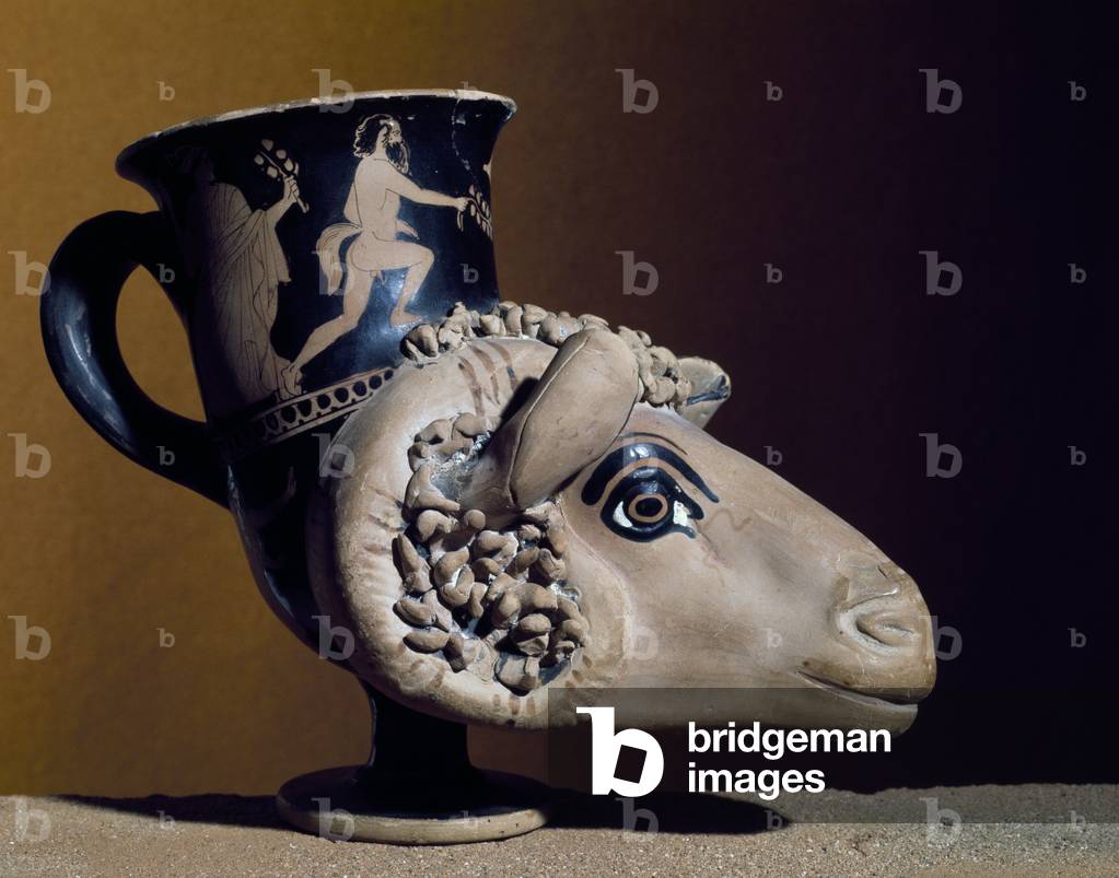 Image of Ram's head rhyton with maenads and dancing satyrs, red figure